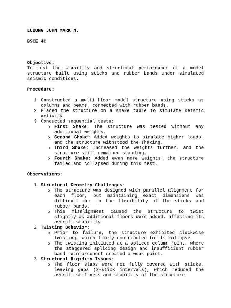 OBSERVATION REPORT | PDF | Column | Natural Rubber