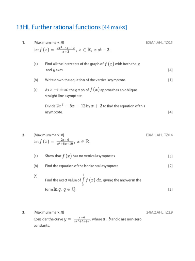 13HL Further Rational Functions Questions Only | PDF | Asymptote ...