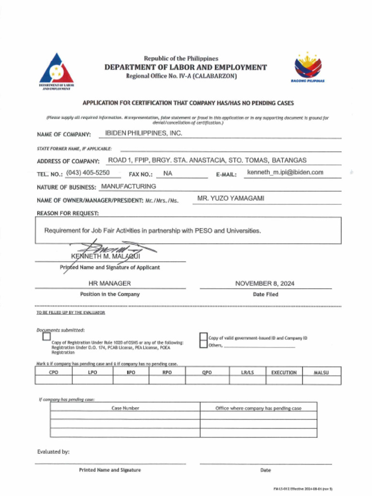 Application For Certificate of No Pending Case To DOLE | PDF