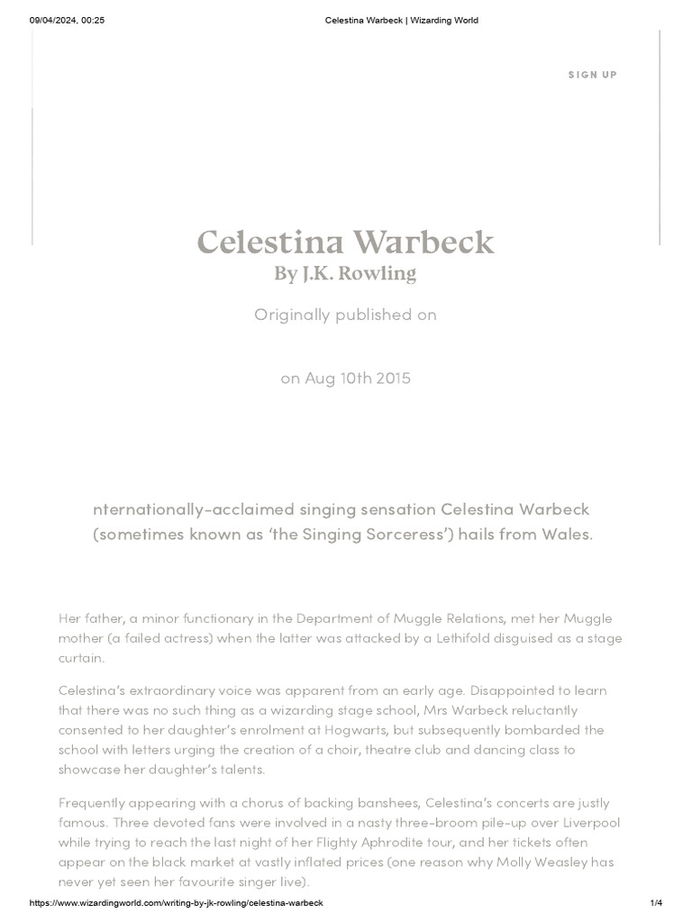 Celestina Warbeck - Wizarding World | PDF | Harry Potter | Fantasy