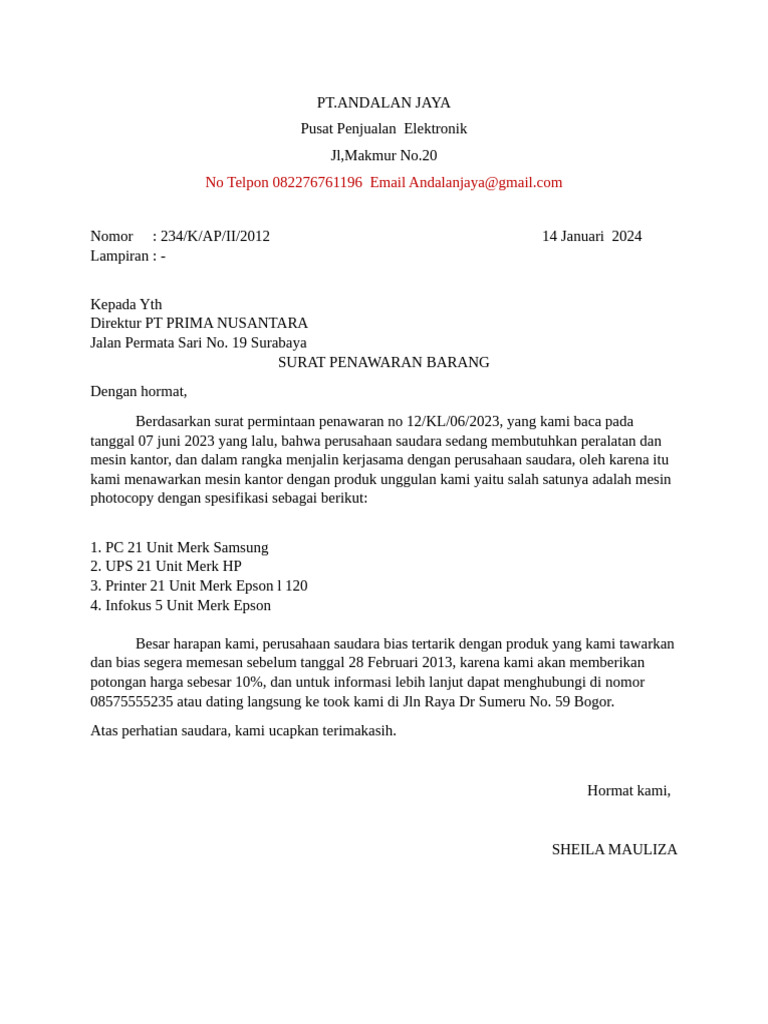 Cth. Surat Penawaran Barang) | PDF