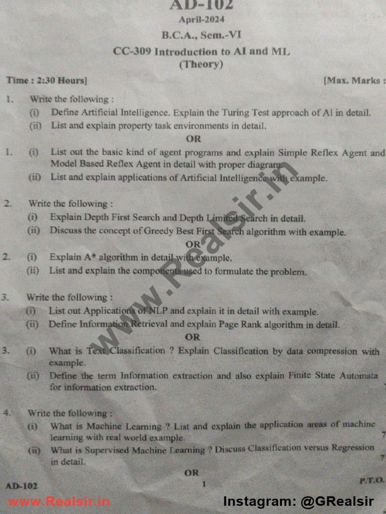 CC-309 Introduction To AI and ML - 2024 | PDF