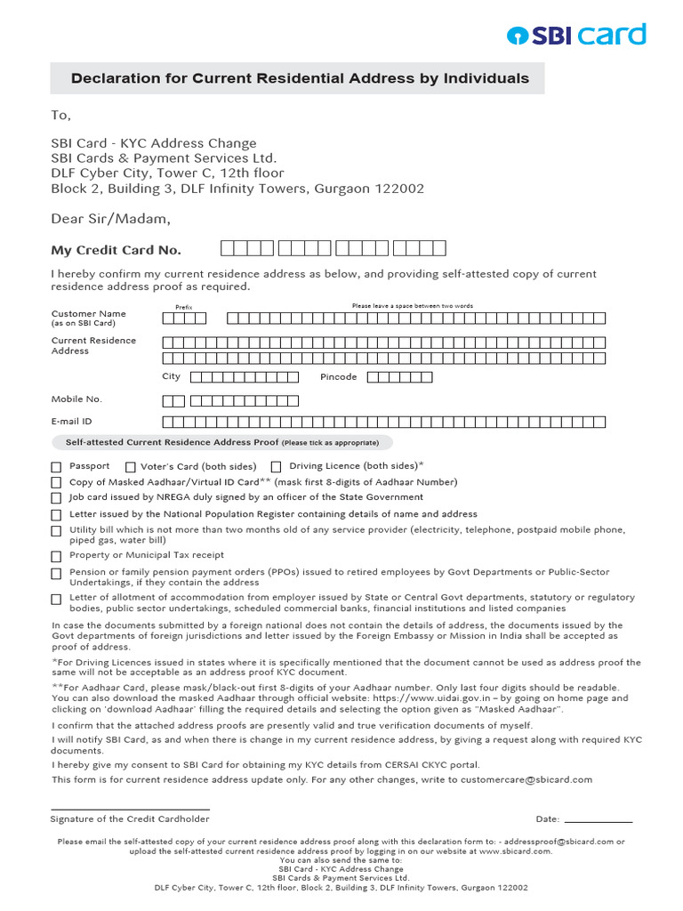 Address Change Declaration Form Sbi 15 Apr | PDF | Access Control
