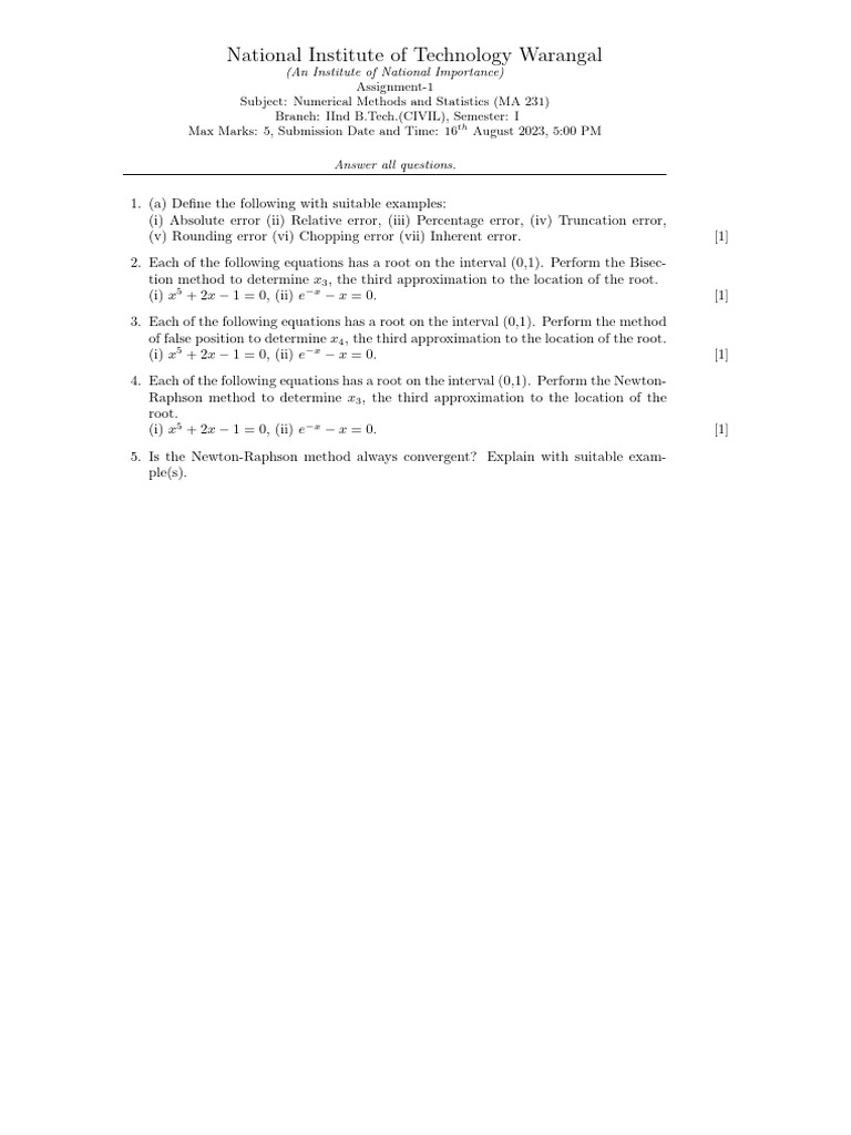 Numerical Methods Assignment - NIT Warangal | PDF