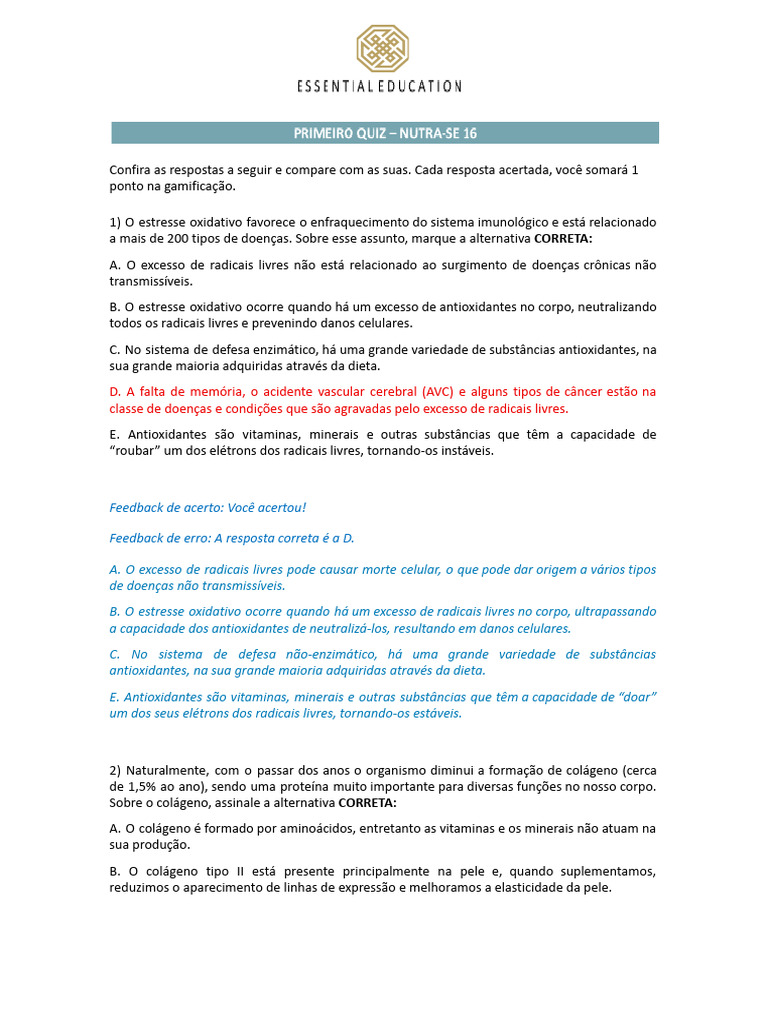 Gabarito Primeiro Quiz - Nutra-Se 16 | PDF | Índice glicêmico | Colágeno