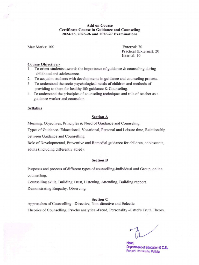 Add On Certificate Course INGUDIDID Guidence and Counseling - 2024-25 ...