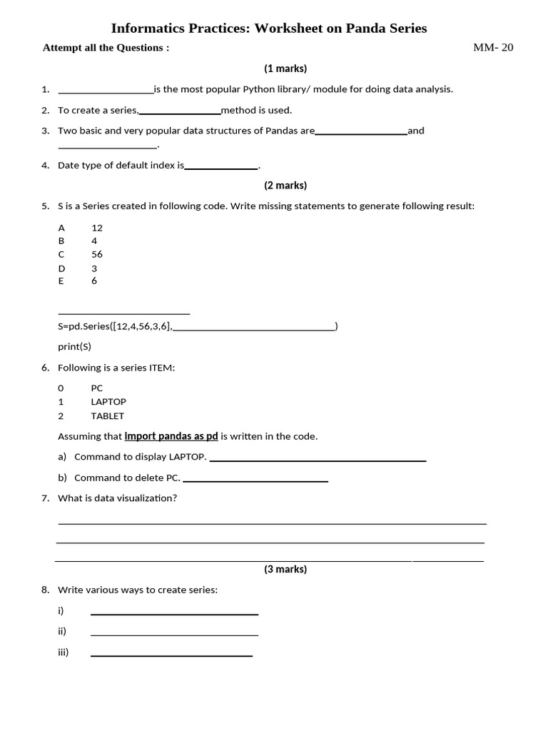 Pandas Series Worksheet | PDF