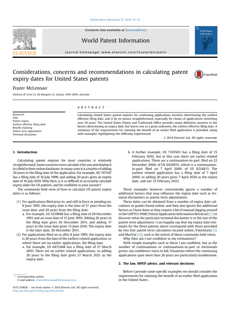 Considerations, Concerns and Recommendations in Calculating Patent ...