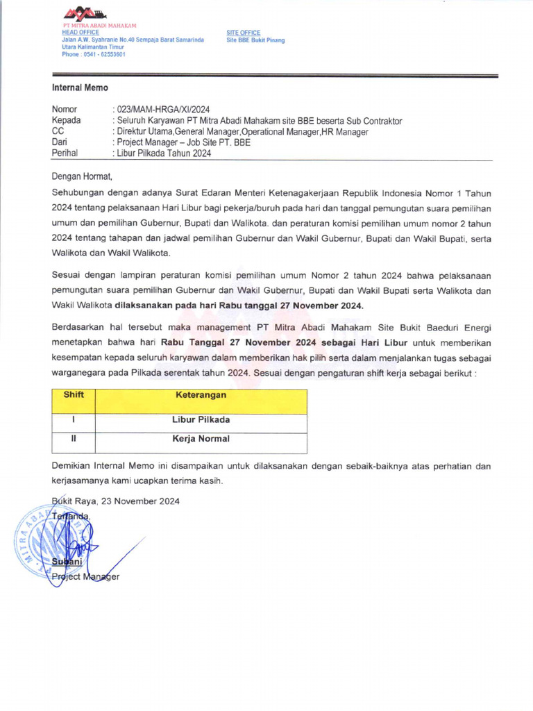 Internal Memo Libur Pilkada Tahun 2024 | PDF