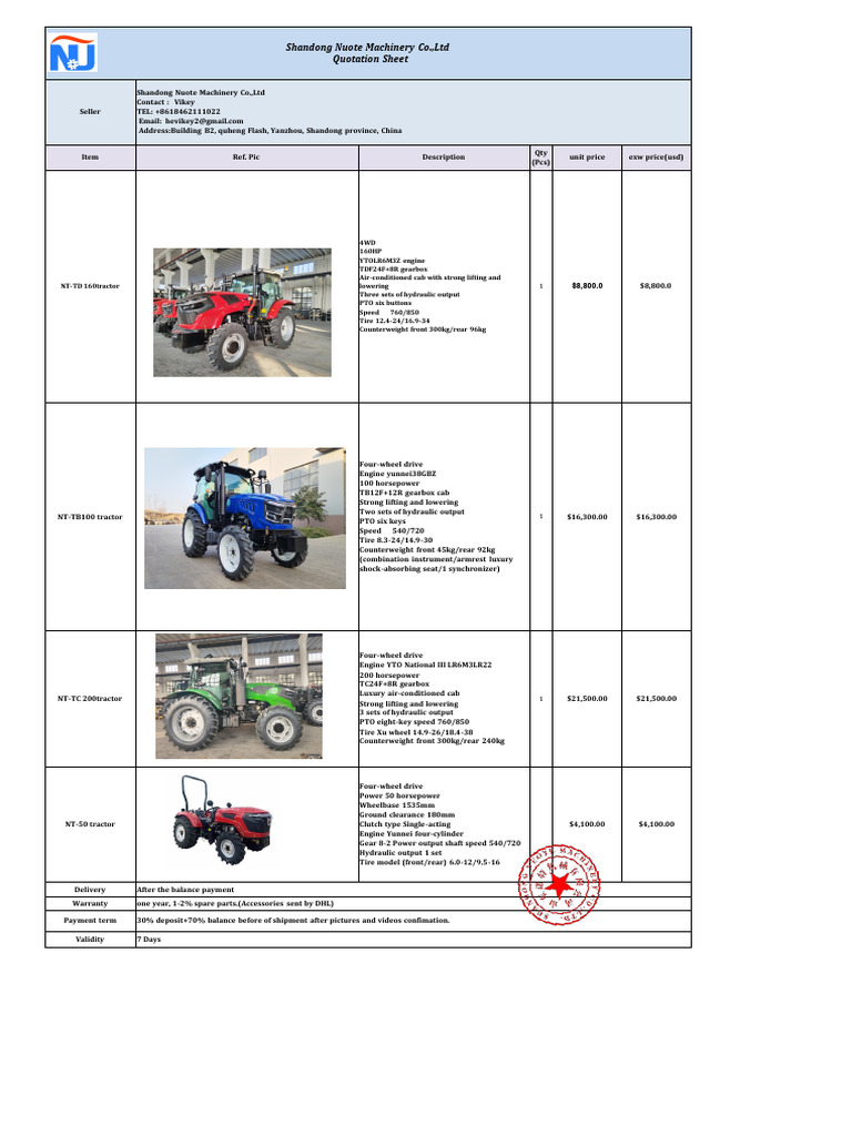 Quotation Sheet[1] | PDF | Tractor | Four Wheel Drive