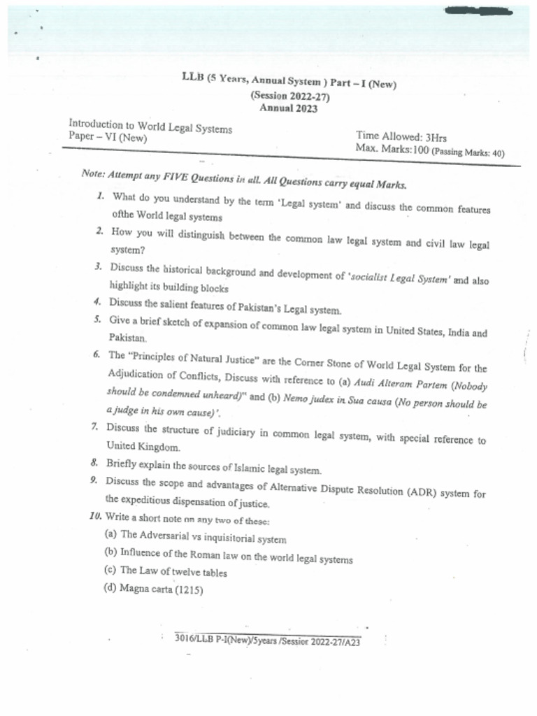 Past Papers LLB 5 Years Part-I (New Syllabus) (1) - 7-End | PDF