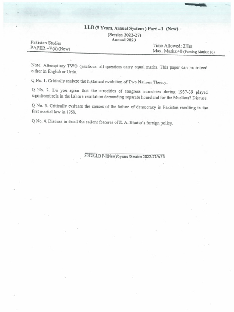 Past Papers LLB 5 Years Part-I (New Syllabus) (1) - 6-6 | PDF