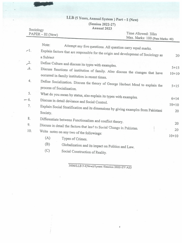 Past Papers LLB 5 Years Part-I (New Syllabus) (1) - 3-3 | PDF