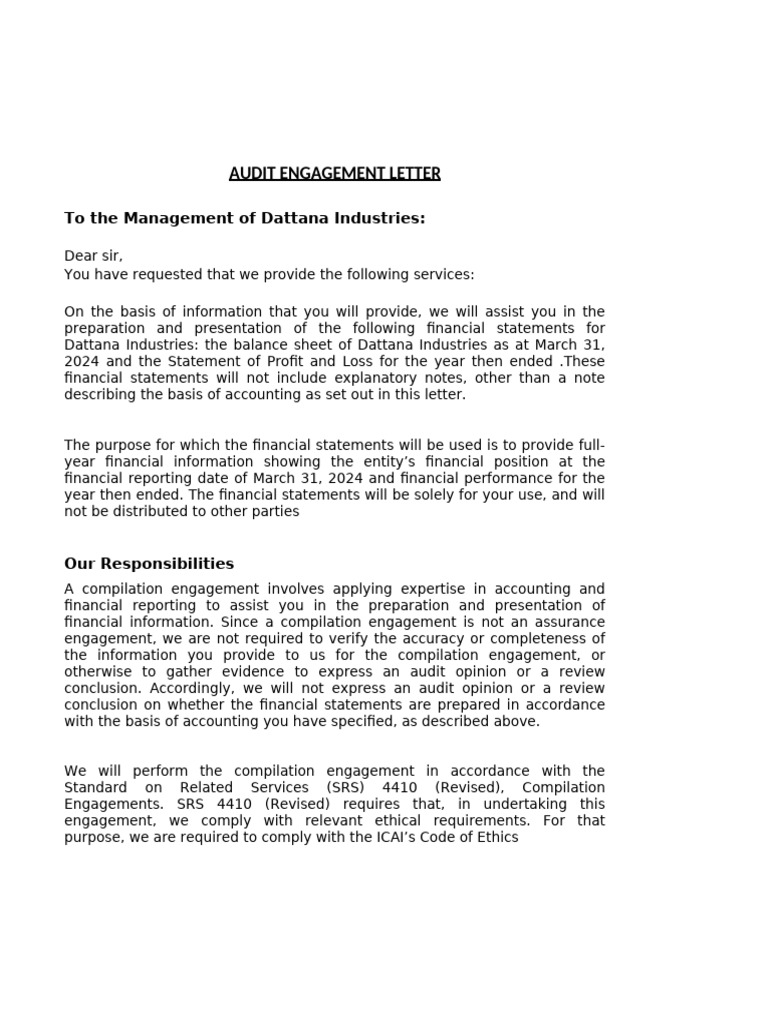 Engagement Letter | PDF | Audit | Financial Statement