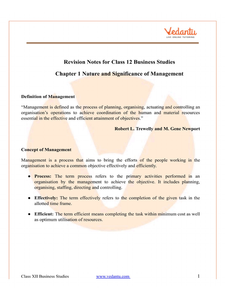 Nature and Significance of Management Class 12 Notes For Business ...