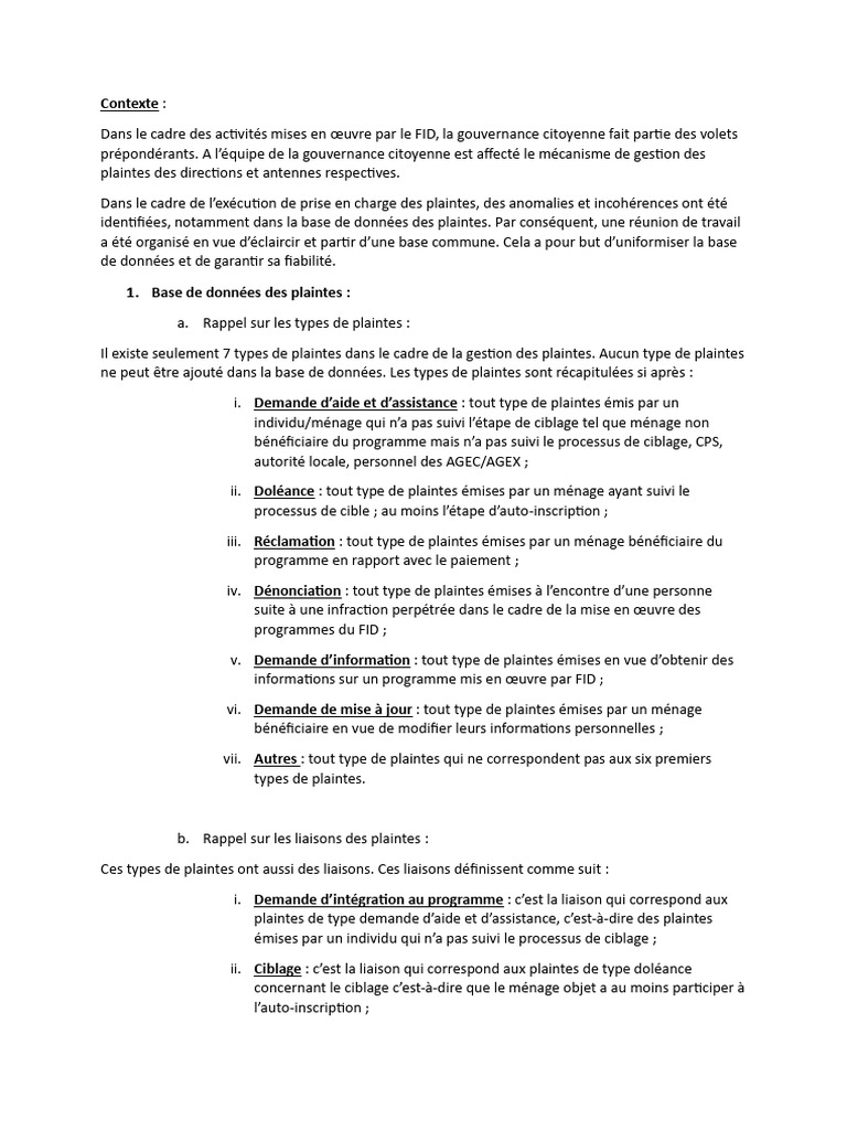 Gestion des plaintes FID : Guide et procédures | PDF