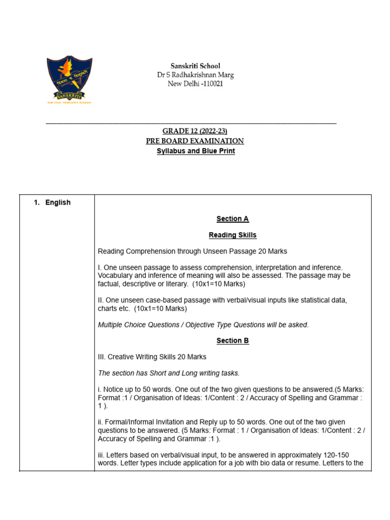 Grade 12 Pre Board Syllabus and Blue Print 2022-23 | PDF | Euclidean ...