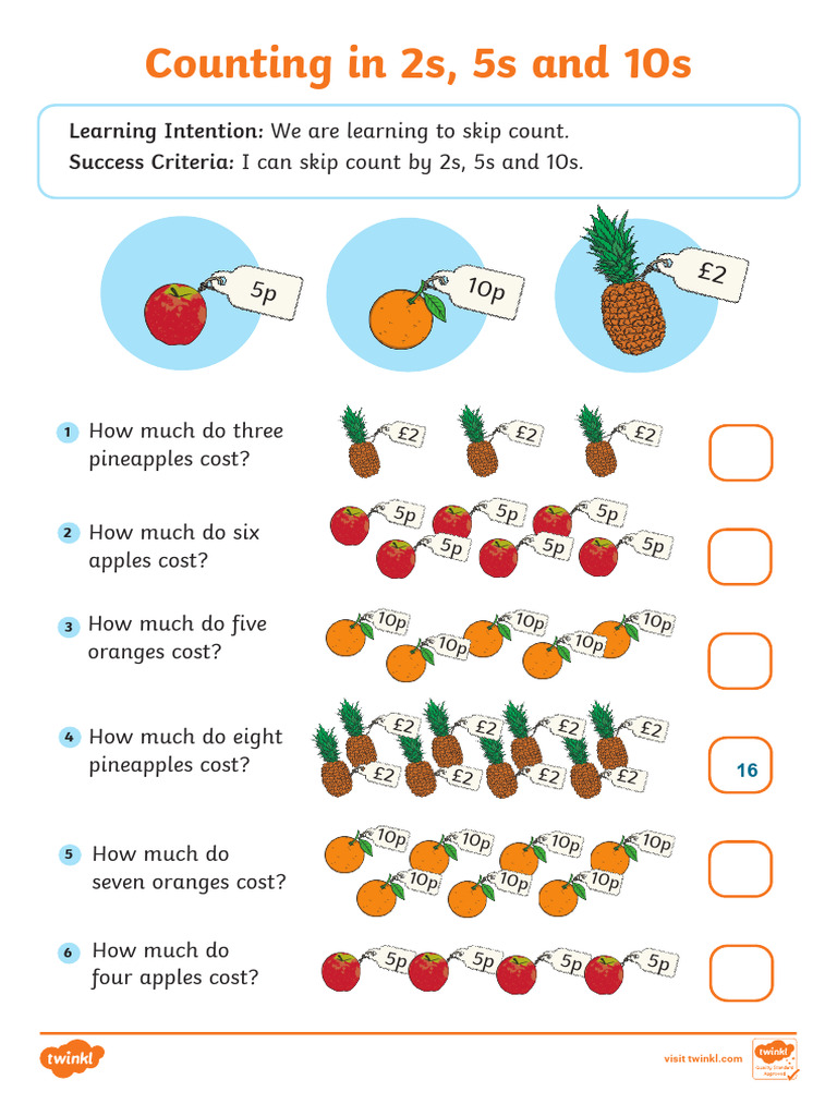 t n 10311 Counting in 2s 5s and 10s Fruit Shop Worksheet Ver 1 | PDF ...
