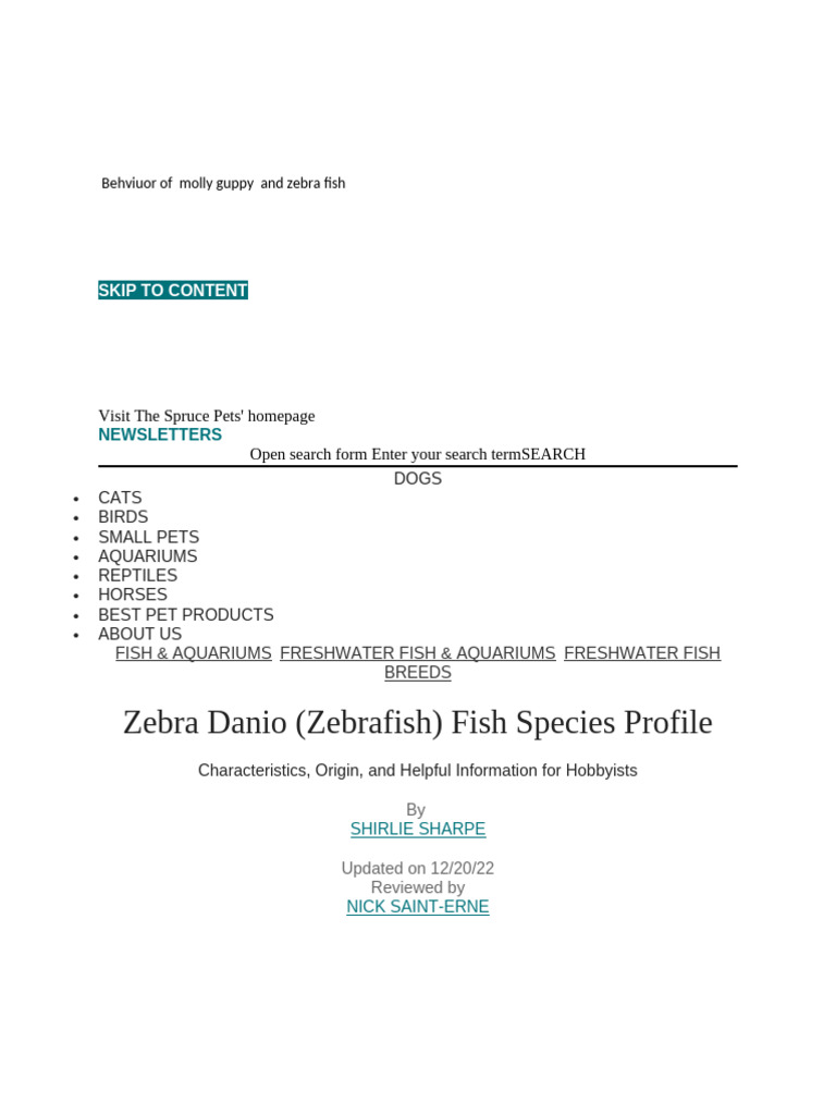 Behviuor of Molly Guppy and Zebra Fish | PDF | Aquarium | Fish And Humans