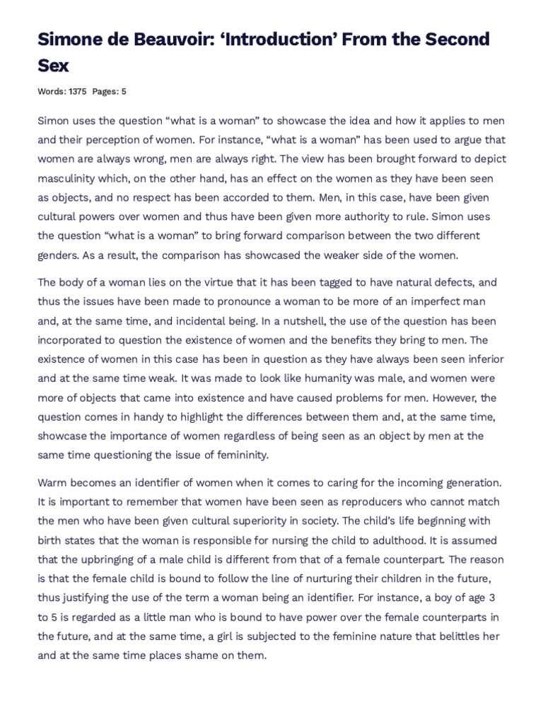 Simone De Beauvoir Introduction From The Second Sex Free Essay