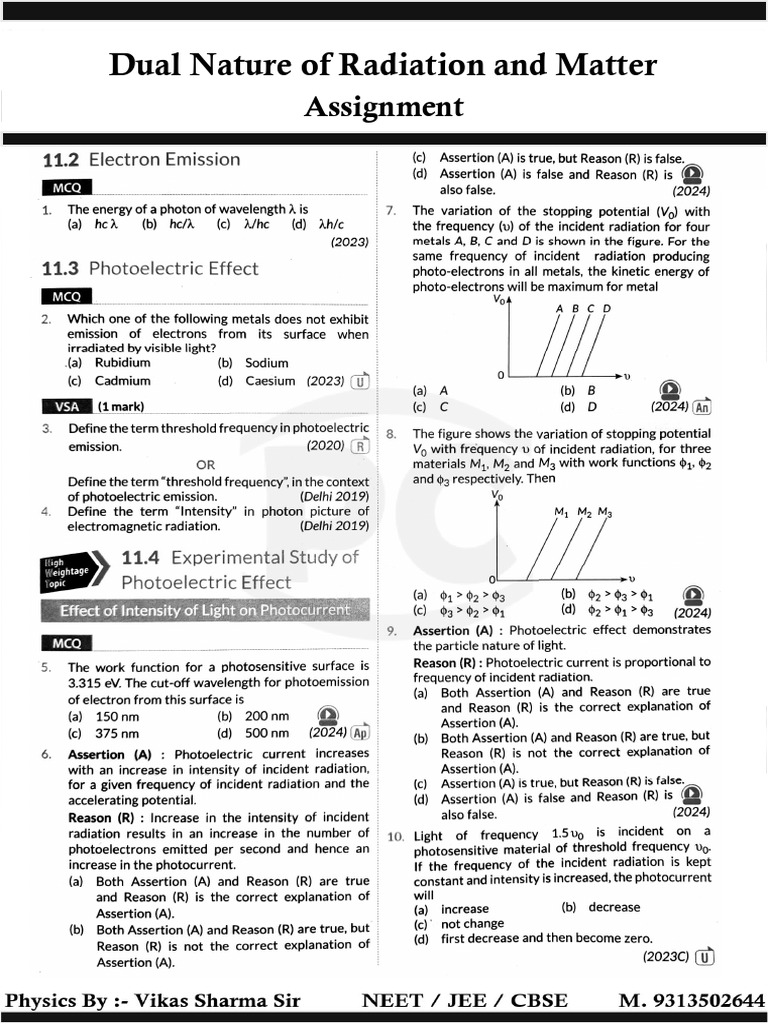 Dual Nature of Radiation and Matter Assignment 12th | PDF