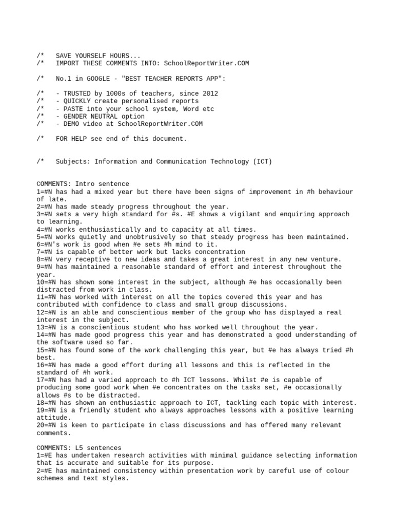 SchoolReportWriter DotCOM Comment Bank ICT-2 | PDF | Text File ...