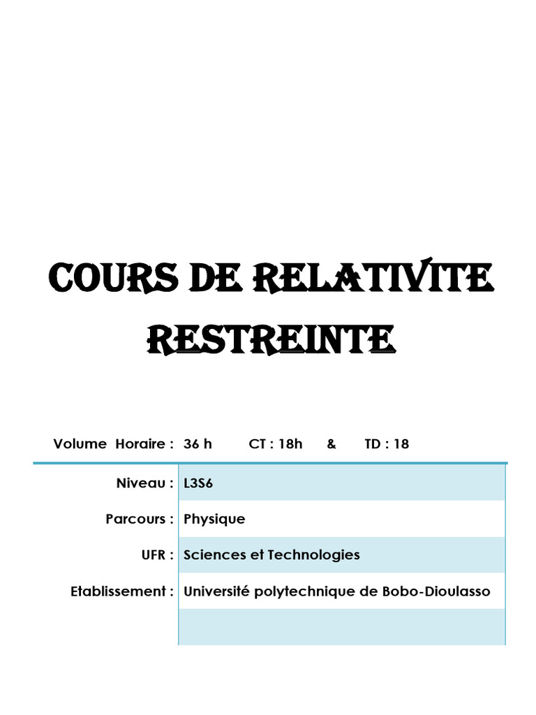 Cours de Relativité Restreinte L3S6 | PDF | Relativité restreinte | Masse