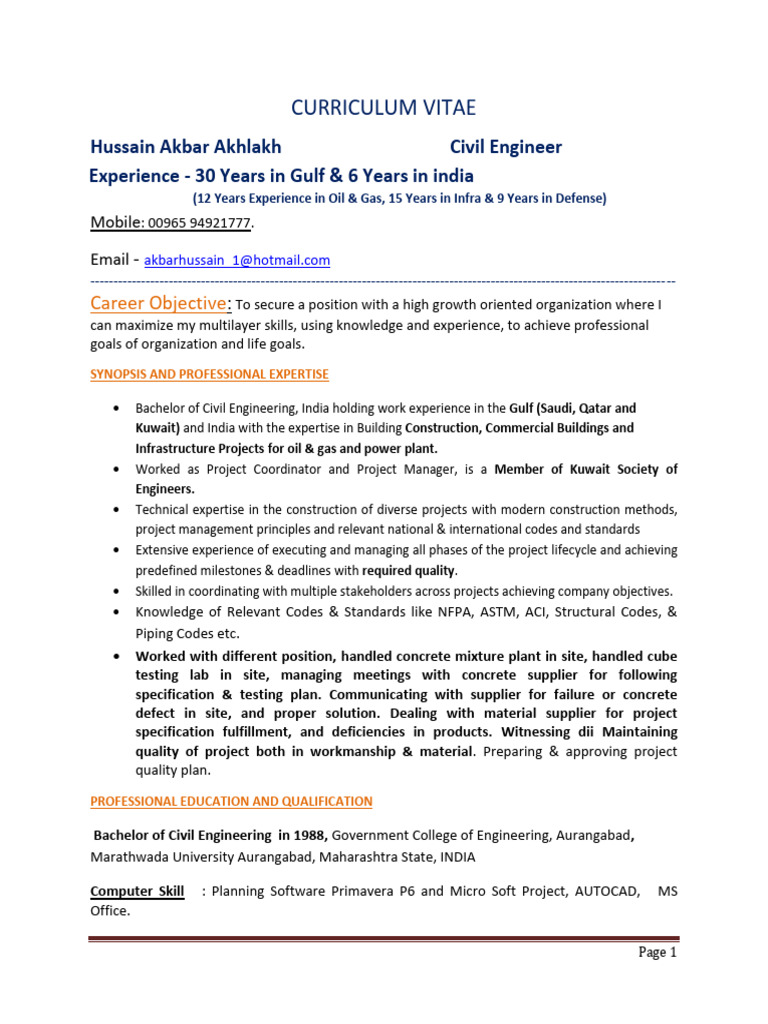 CV - Hussain Akbar (Civil Engineer) | PDF | Specification (Technical Standard) | Engineering