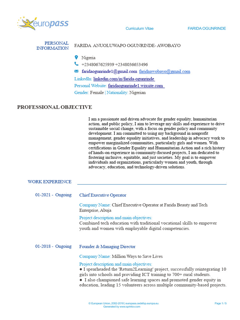 Farida Ogunrinde: Gender Equality Advocate CV | PDF