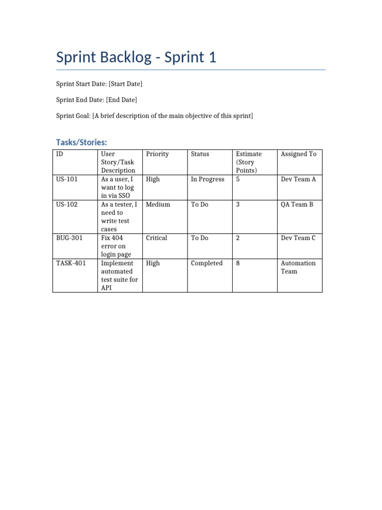 Sprint Backlog Corporate Format | PDF