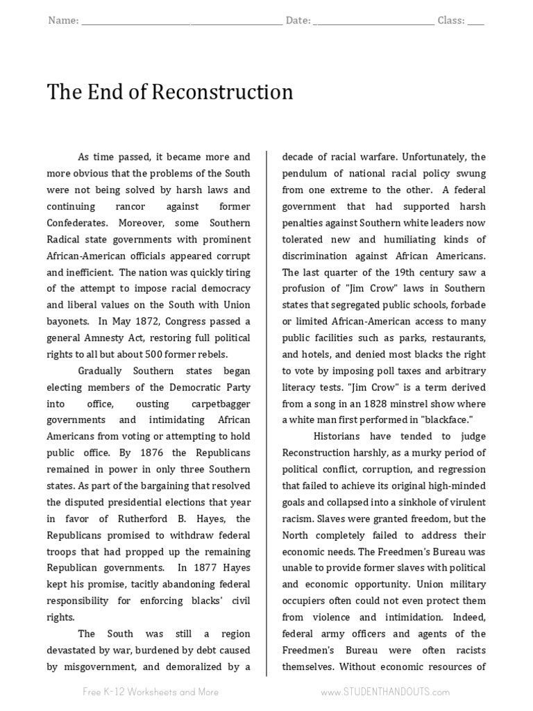 07.06 End of Reconstruction Reading Questions Worksheet | PDF ...