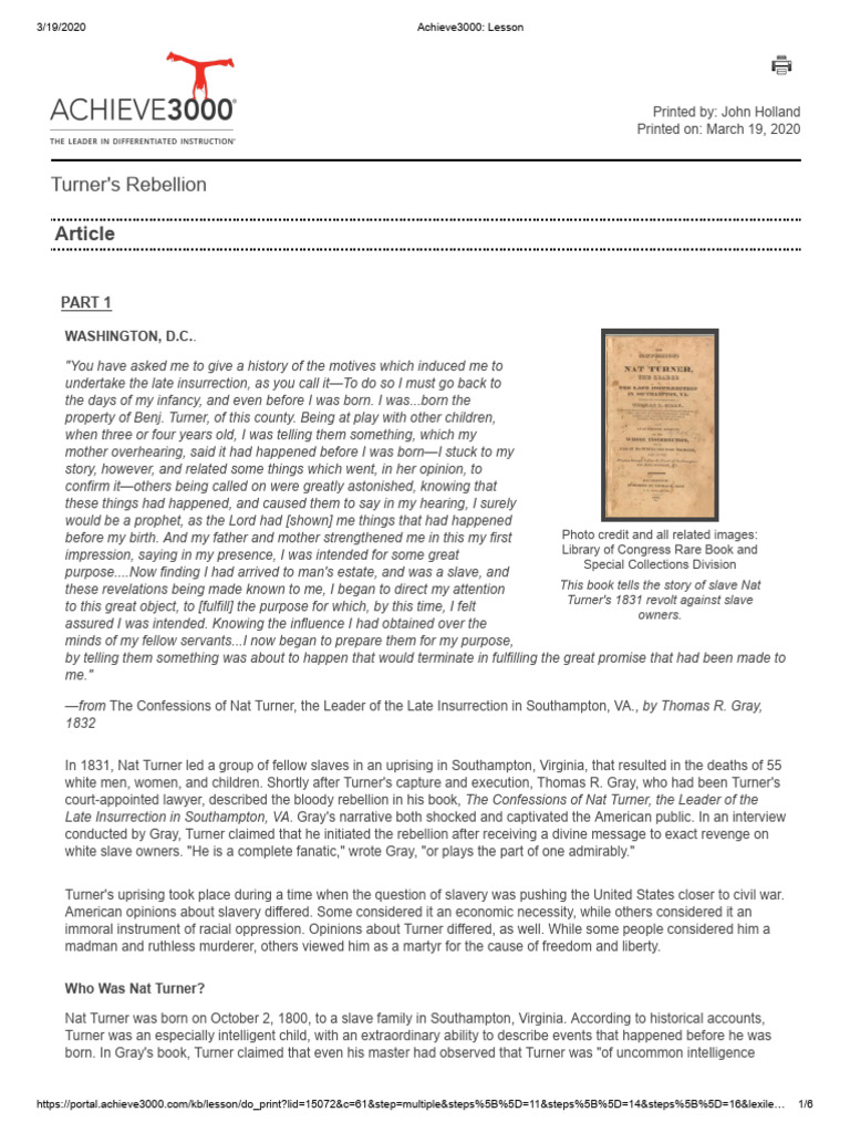 Achieve3000_ Lesson Turner's Rebellion | PDF | Slavery In The United ...