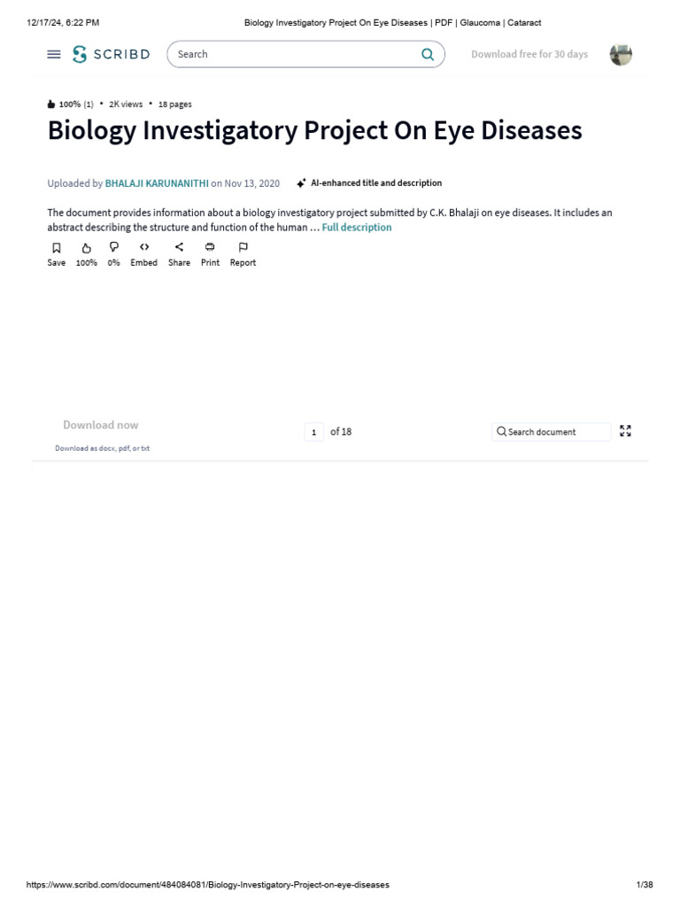 Biology Project on Eye Diseases | PDF | Scribd | Glaucoma