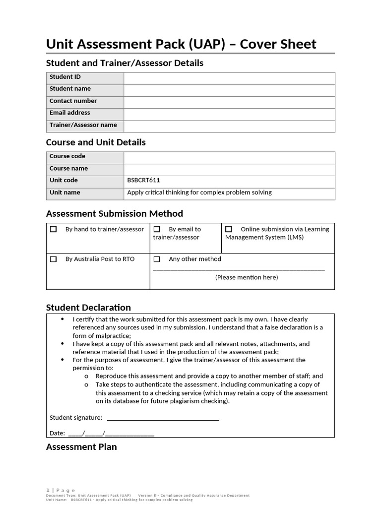 Unit Assessment - BSBCRT611 | PDF | Critical Thinking | Learning