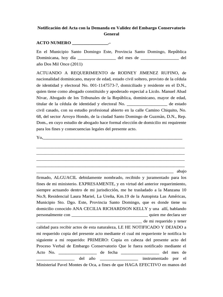 Notificación Del Acta Con La Demanda en Validez Del Embargo ...