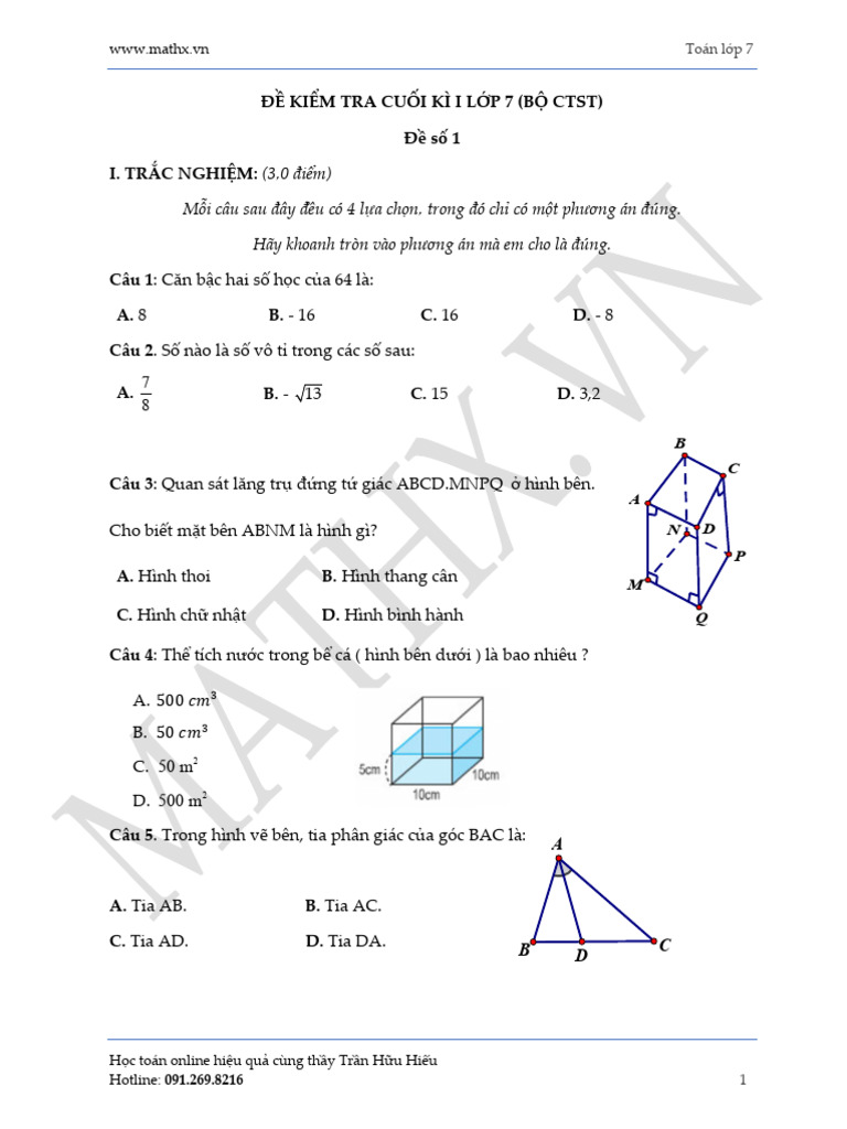 ĐỀ KIỂM TRA CUỐI KÌ I LỚP 7 CTST | PDF