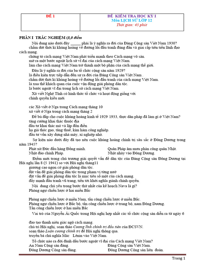 Thuvienhoclieu.com de Thi HK1 Su 12 Co Dap An | PDF