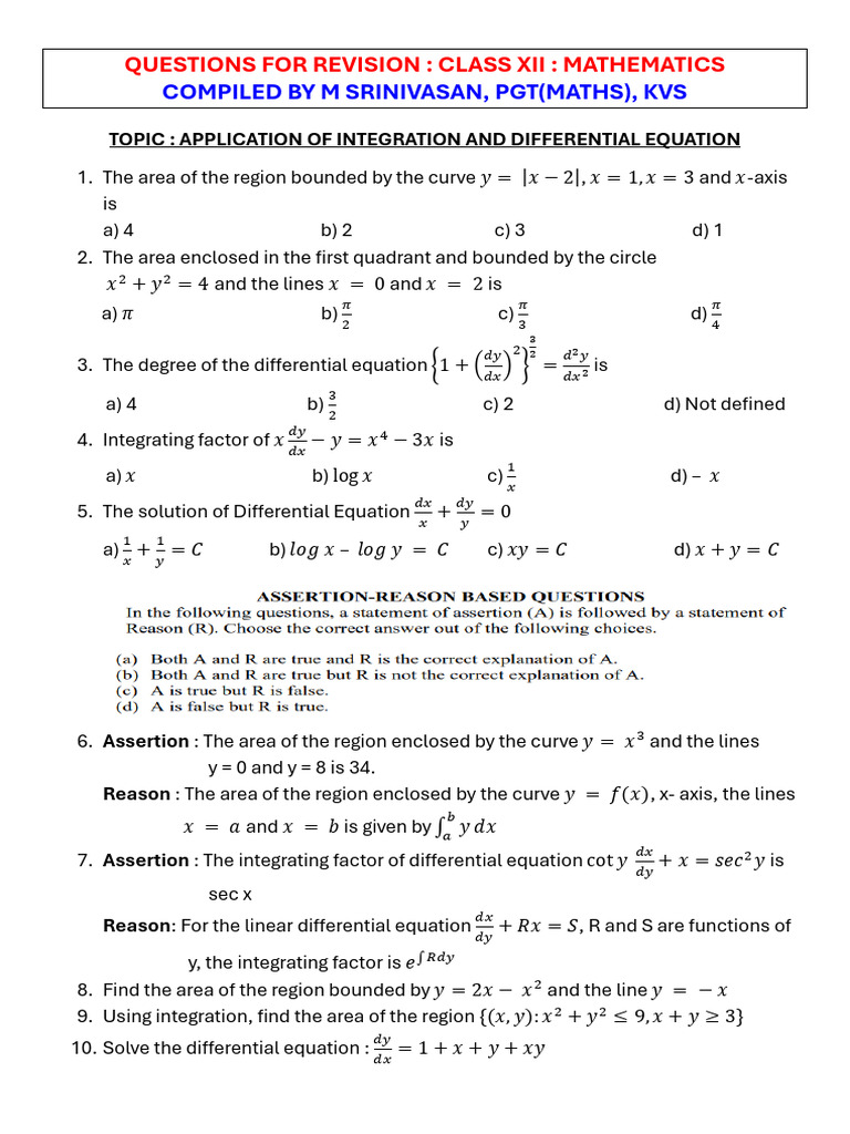 Class XII Mathematics Integration & DE Questions | PDF | Equations | Pi