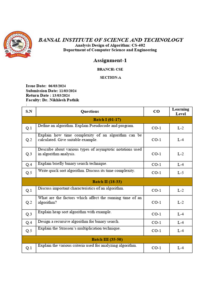 ADA - CS 402 Unit 1 Assignment 1 | PDF | Algorithms | Computer Science