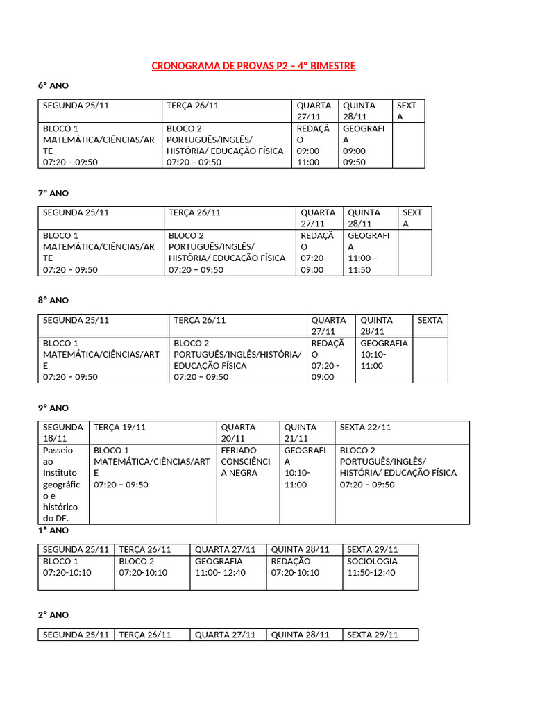 Cronograma de Provas P2 4º Bimestre | PDF
