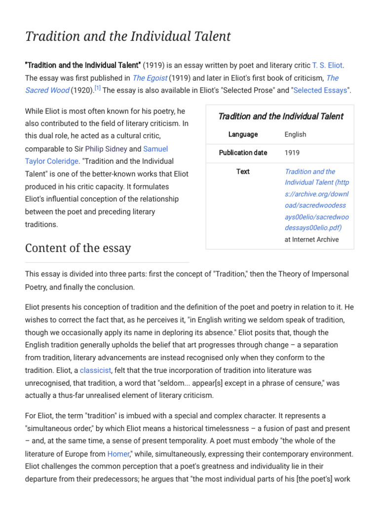 Tradition and The Individual Talent - Wikipedia | PDF