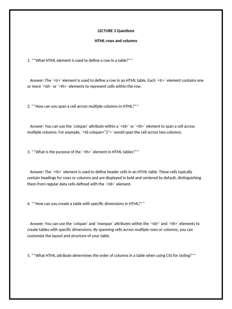 HTML Table Structure and Attributes | PDF