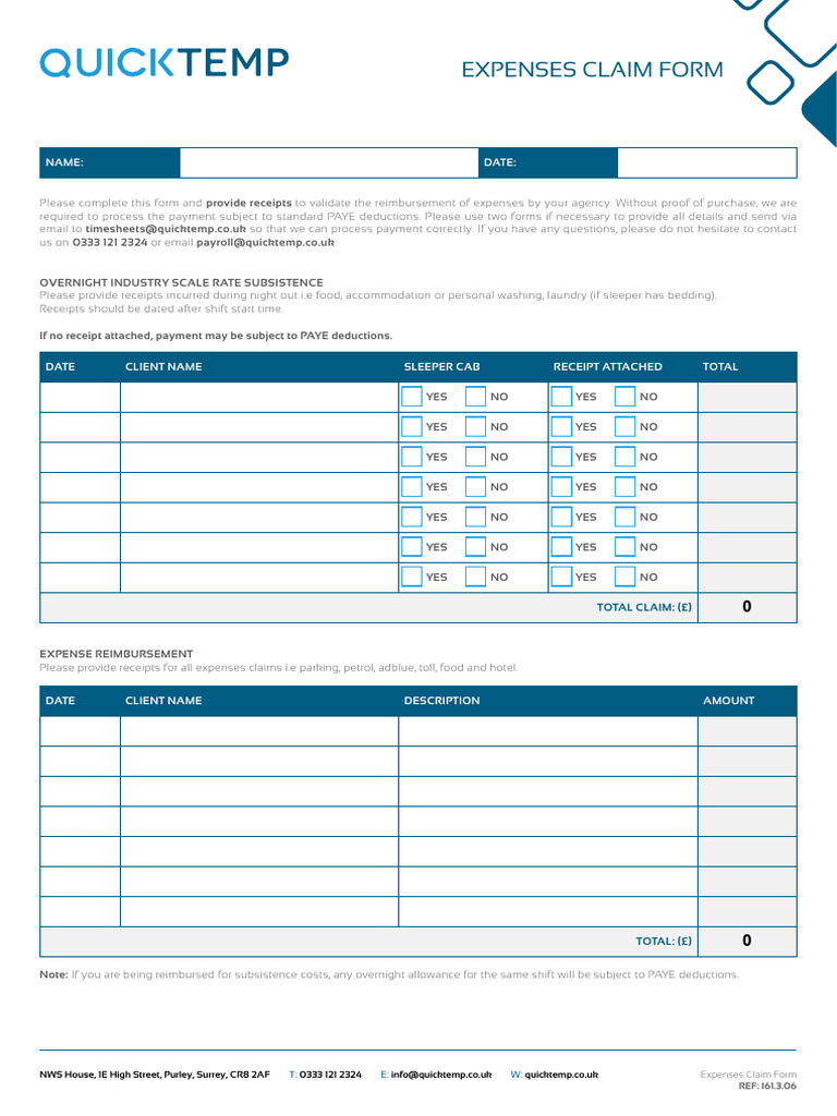 161.3.06 - Quicktemp - Expenses Form | PDF | Expense | Tax Deduction