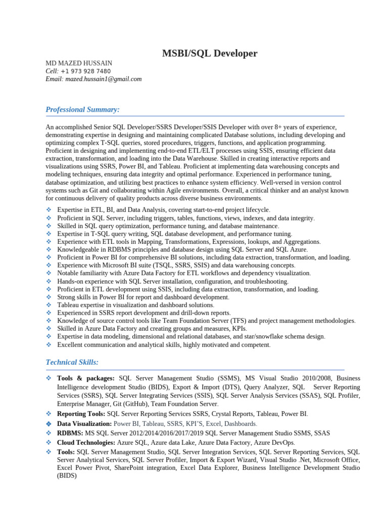 Resume of Md Mazed Hussain | PDF | Microsoft Sql Server | Databases