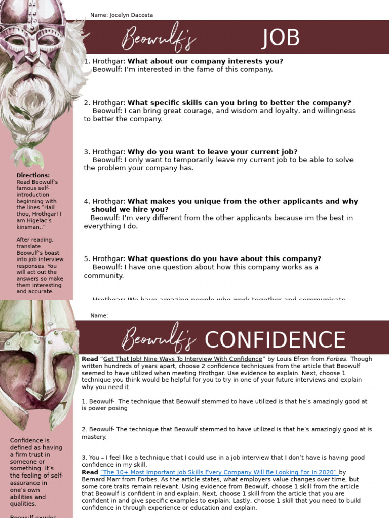 Beowulf Job Interview and Confidence Activity | PDF | Job Interview ...