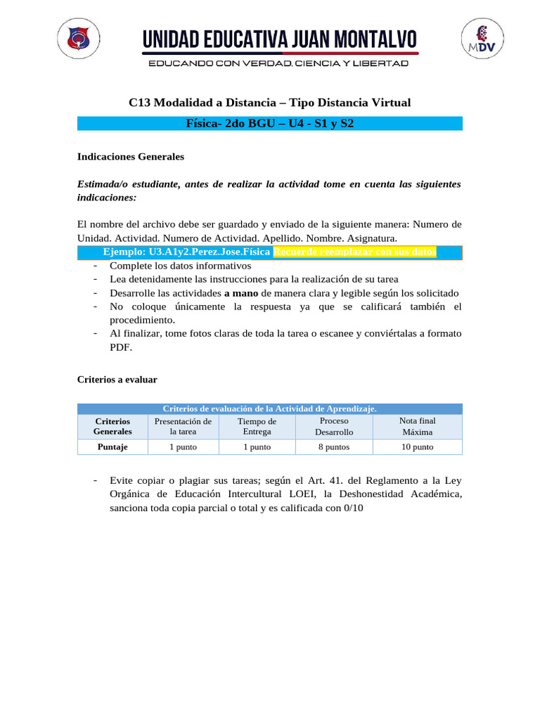 Guía Física 2do BGU: Actividades U4 | PDF