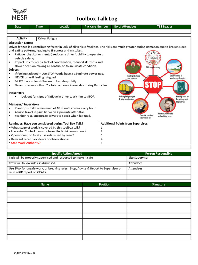 Driver Fatigue Management Toolbox Talk | PDF