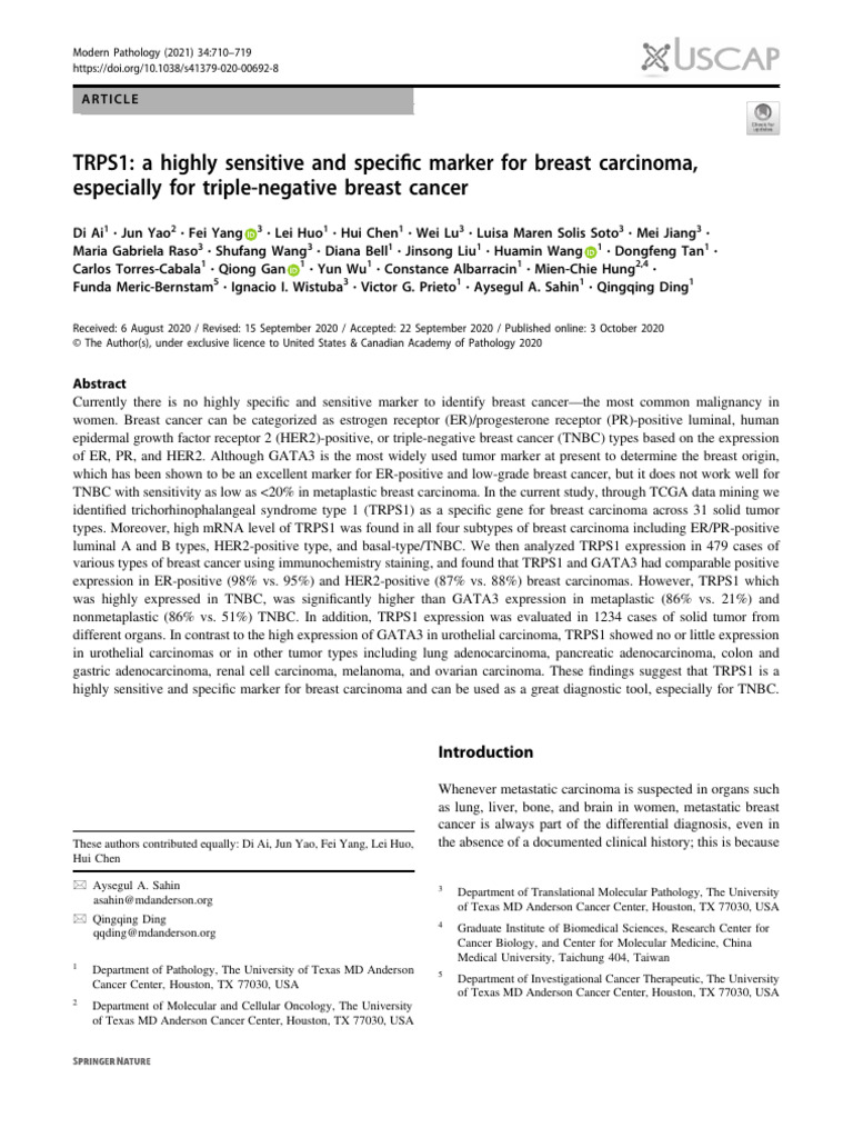 TRPS1 Modern Pathology | PDF | Carcinoma | Breast Cancer