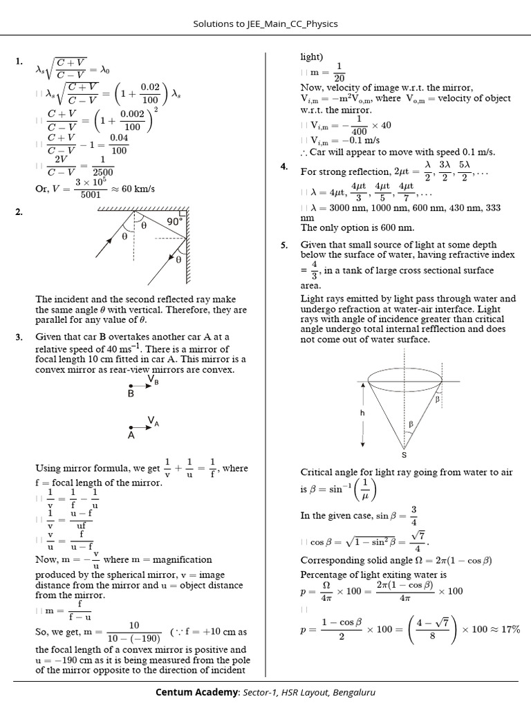 JEE - Main - CC - Physics-Solutions (Ray & Wave Optics) | PDF | Reflection (Physics) | Refraction