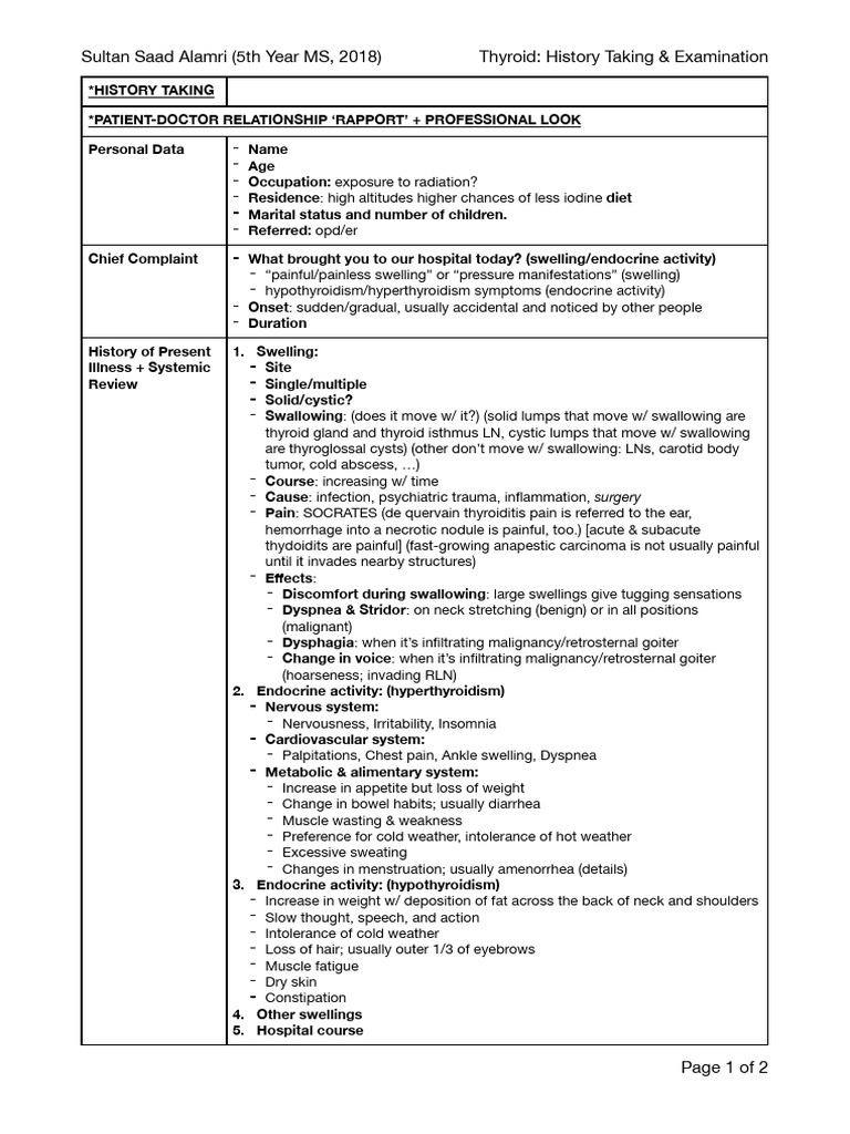 Thyroid +History+Taking+&+Examination+ (Surgery+II) + (5th+year) | PDF ...